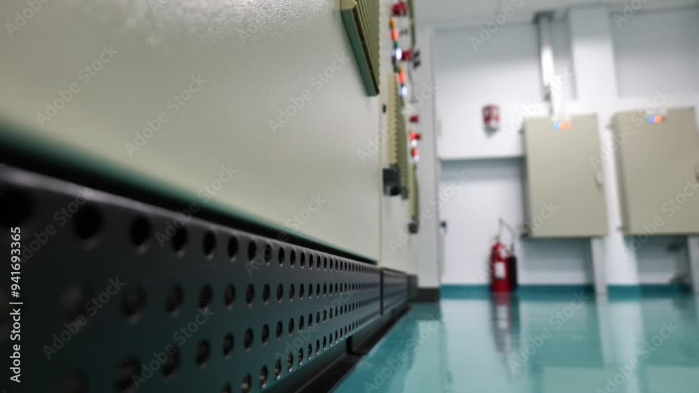 Explore a 4K dolly shot of a modern electrical substation interior ...