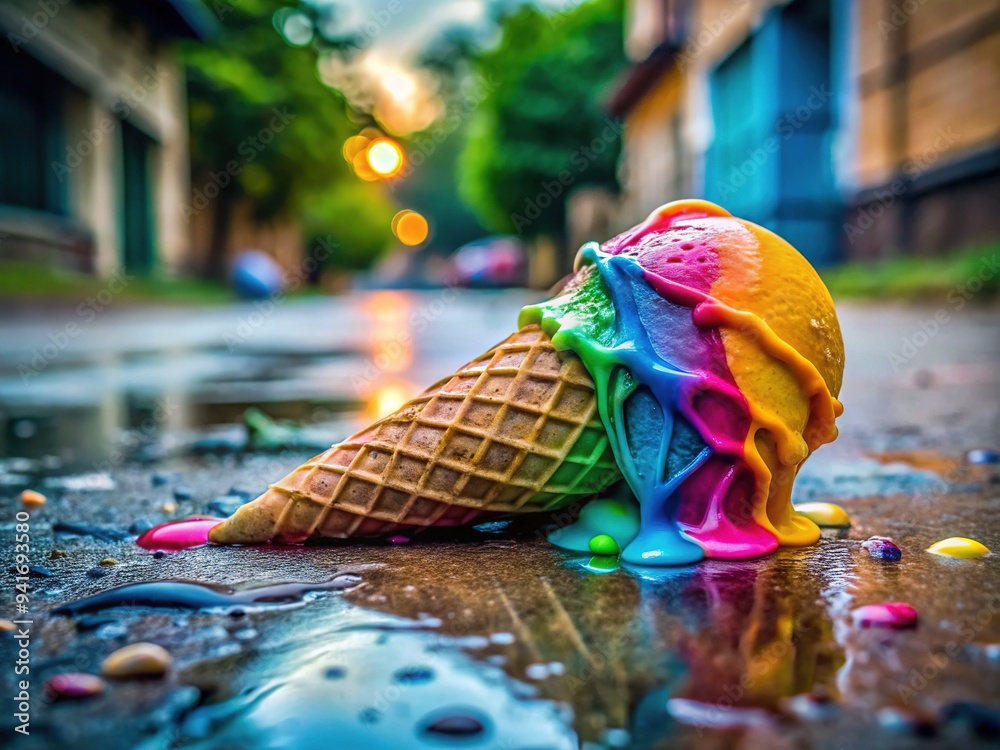 A colorful, drippy, and abandoned ice cream cone lies on the ground ...
