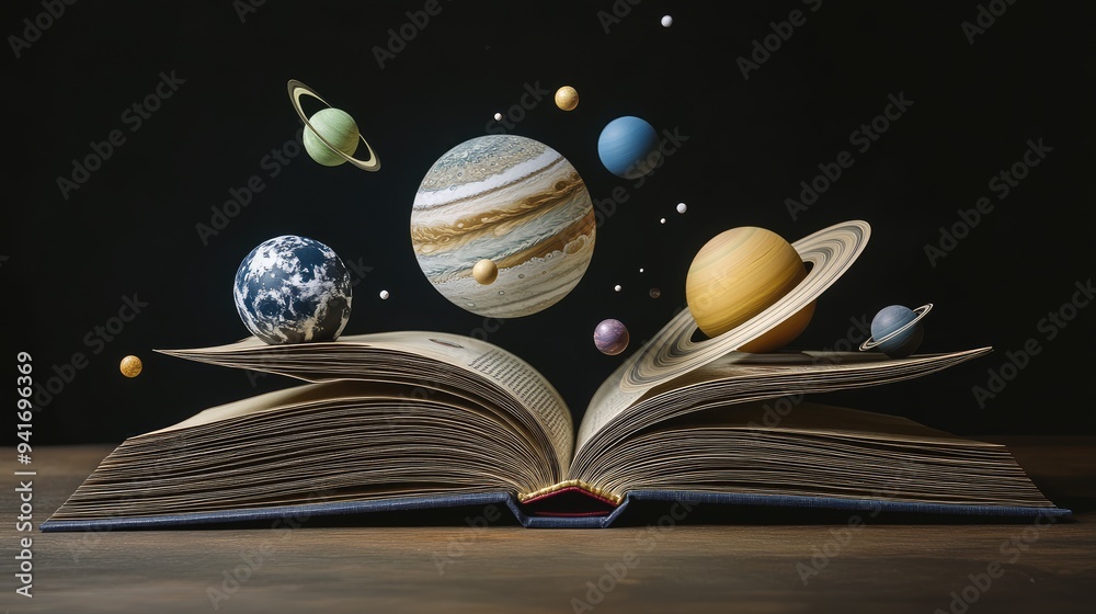 An open book with a pop-up 3D solar system emerging from its pages ...