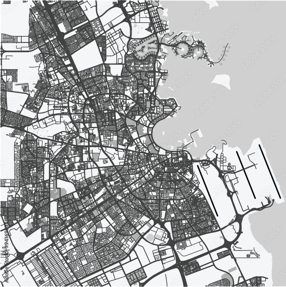 Map of Doha in Qatar in grayscale. Contains layered vector with roads ...