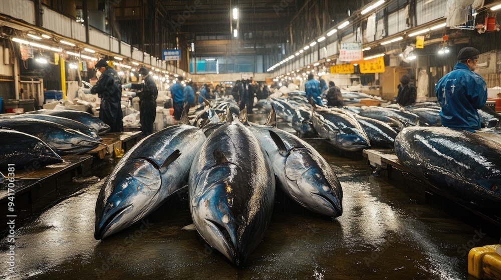 Rows of freshly caught tuna fish lying in a neat, regular pattern on ...