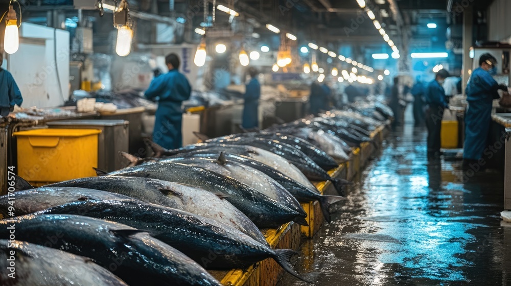 Rows of freshly caught tuna fish lying in a neat, regular pattern on ...