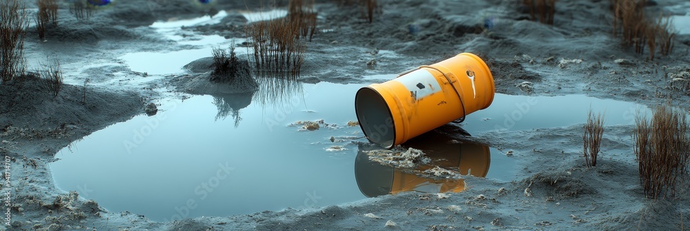An orange barrel lies in a puddle of polluted water, symbolizing the ...