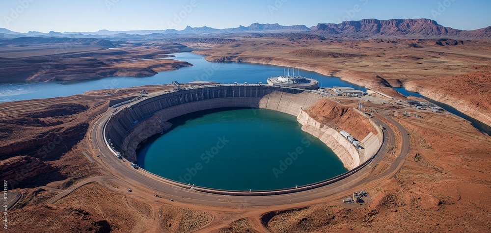 Aerial Perspective of a Dam and Reservoir in the Arizona Desert A ...