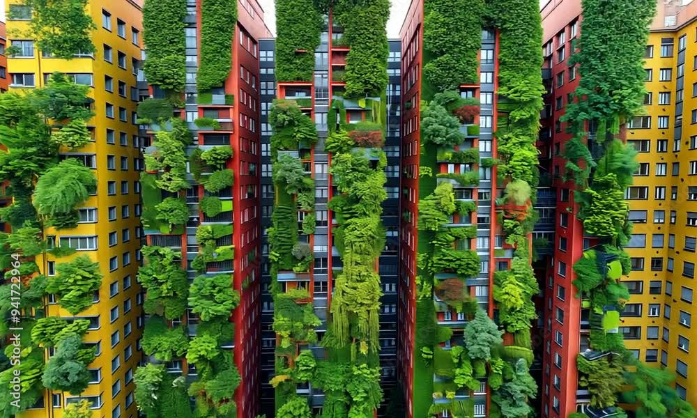 A breathtaking view of a colorful urban landscape where towering ...