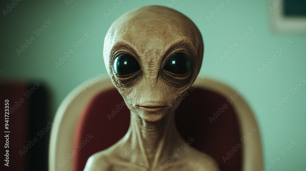 Alien with tentacle-like features sitting upright in an ordinary ...