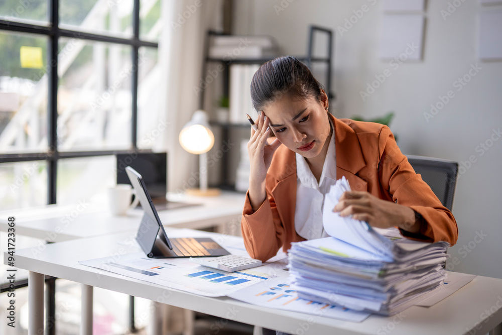 Stressed asian accountant woman having headache while working on ...