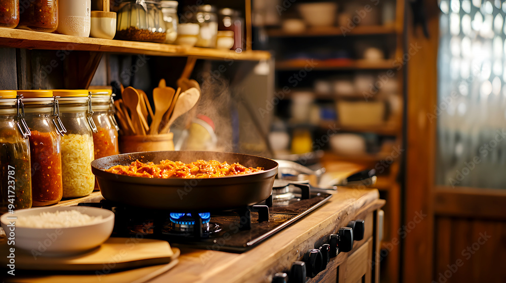 Traditional Korean Kitchen A warm, rustic kitchen with a bubbling pot ...