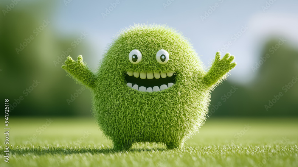 Cheerful puff of smelly gas with tiny arms waving floating with a big ...