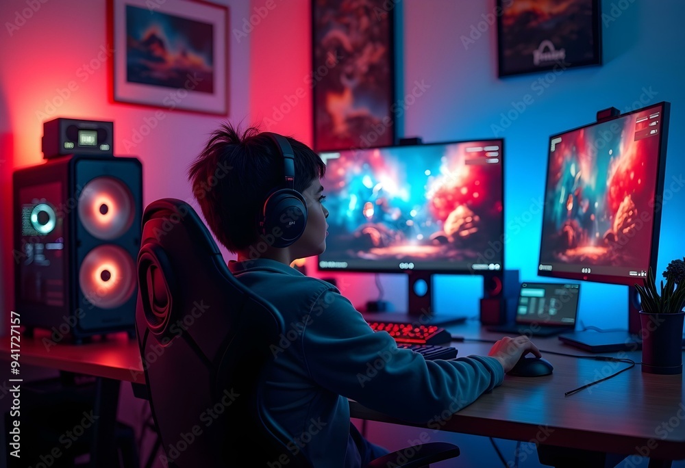 Kids gamer on a gaming setup with desktop pc and a big monitor Stock ...