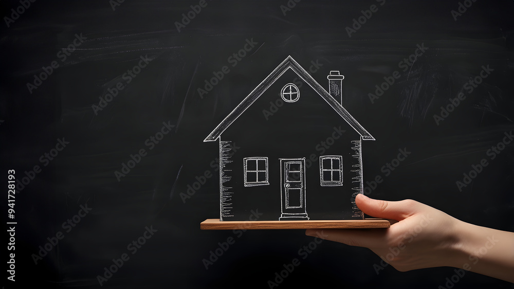 chalk drawing house on blackboard with a hand holding, large space for ...
