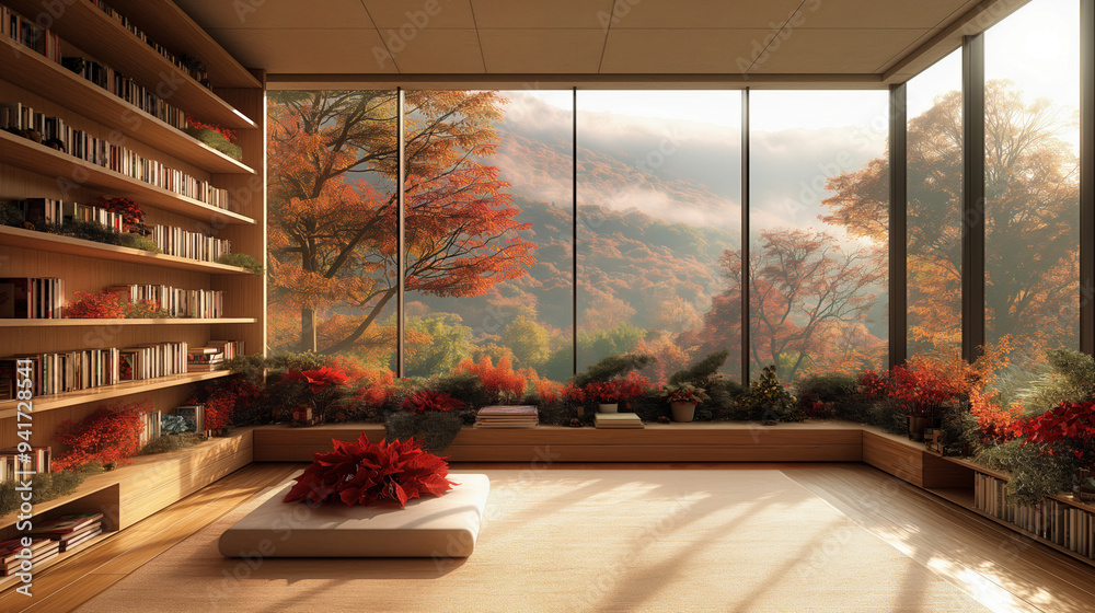 Christmas bookshelf background of interior home library study virtual ...