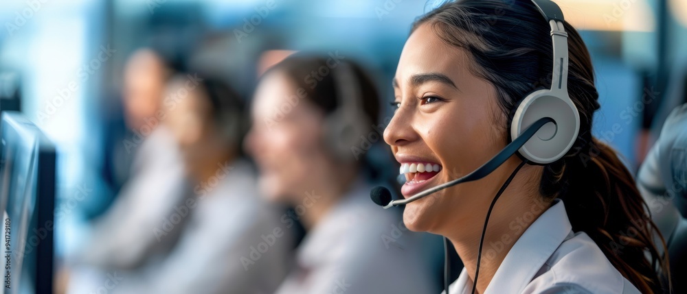 Cheerful customer service representative engages with clients, showcasing professionalism in a ...