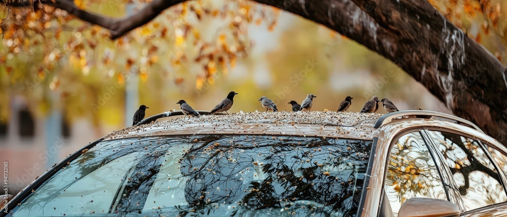 A car parked under a tree with multiple bird droppings and smudges ...
