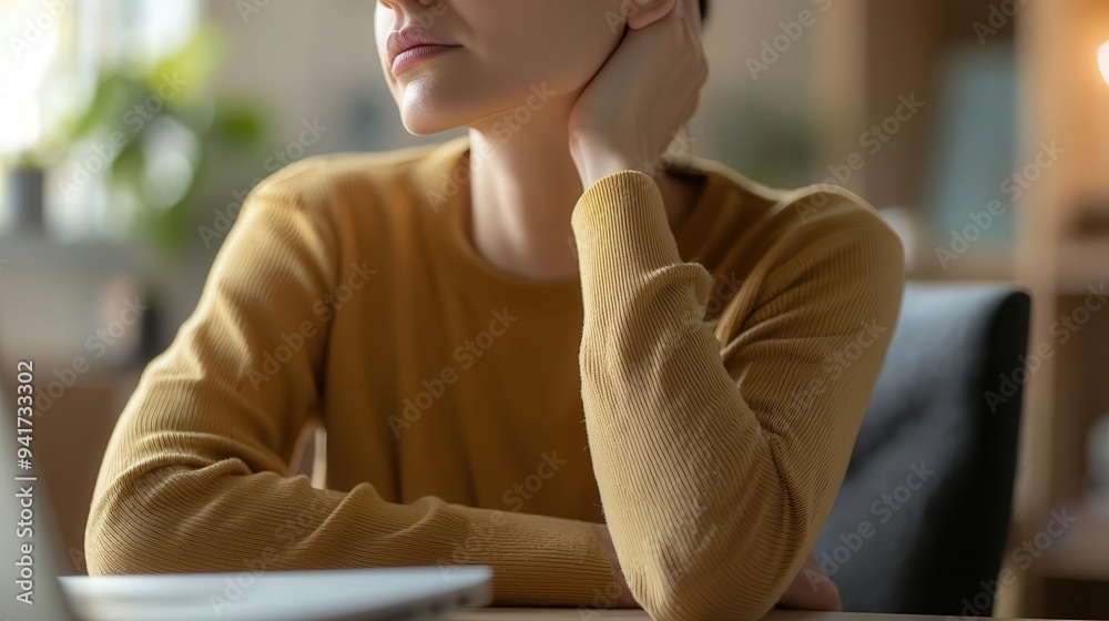 A tired person sitting at a desk, dealing with frequent neck and ...