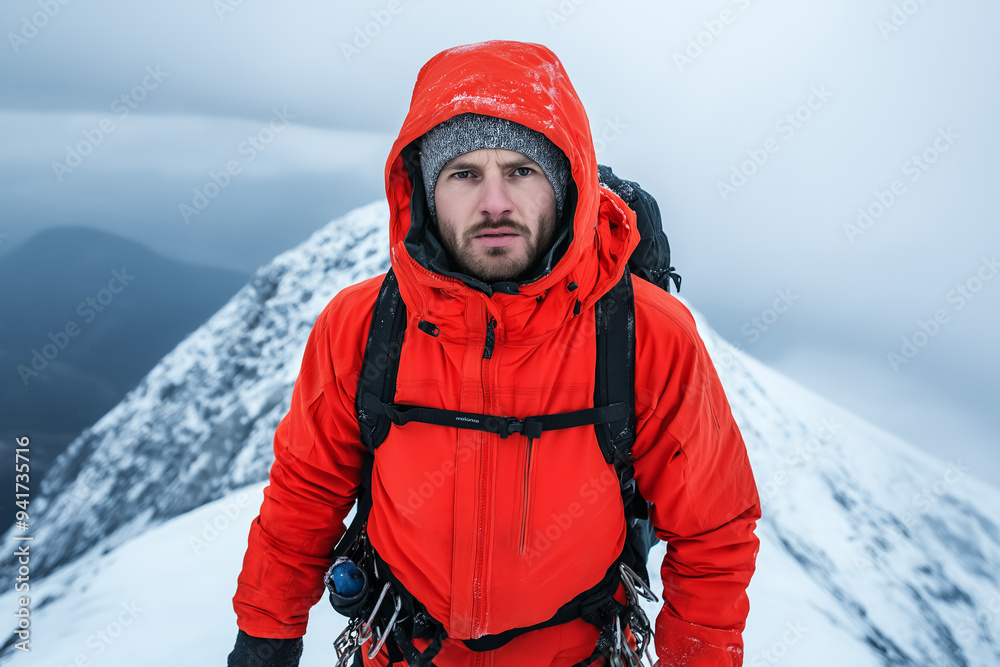 Resilient mountaineer ascends windswept peak amidst merciless winter ...