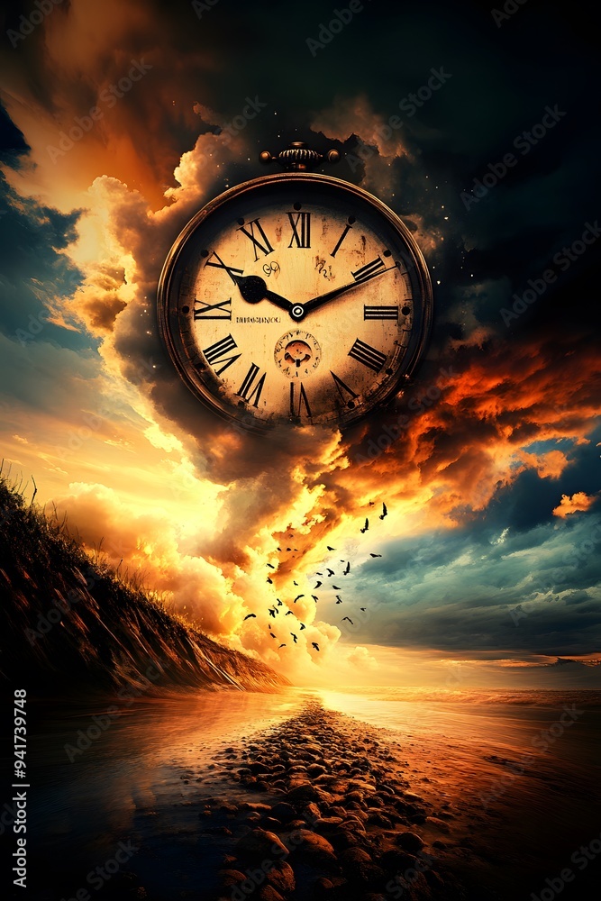 A surreal depiction of time running out, with a clock drifting away ...