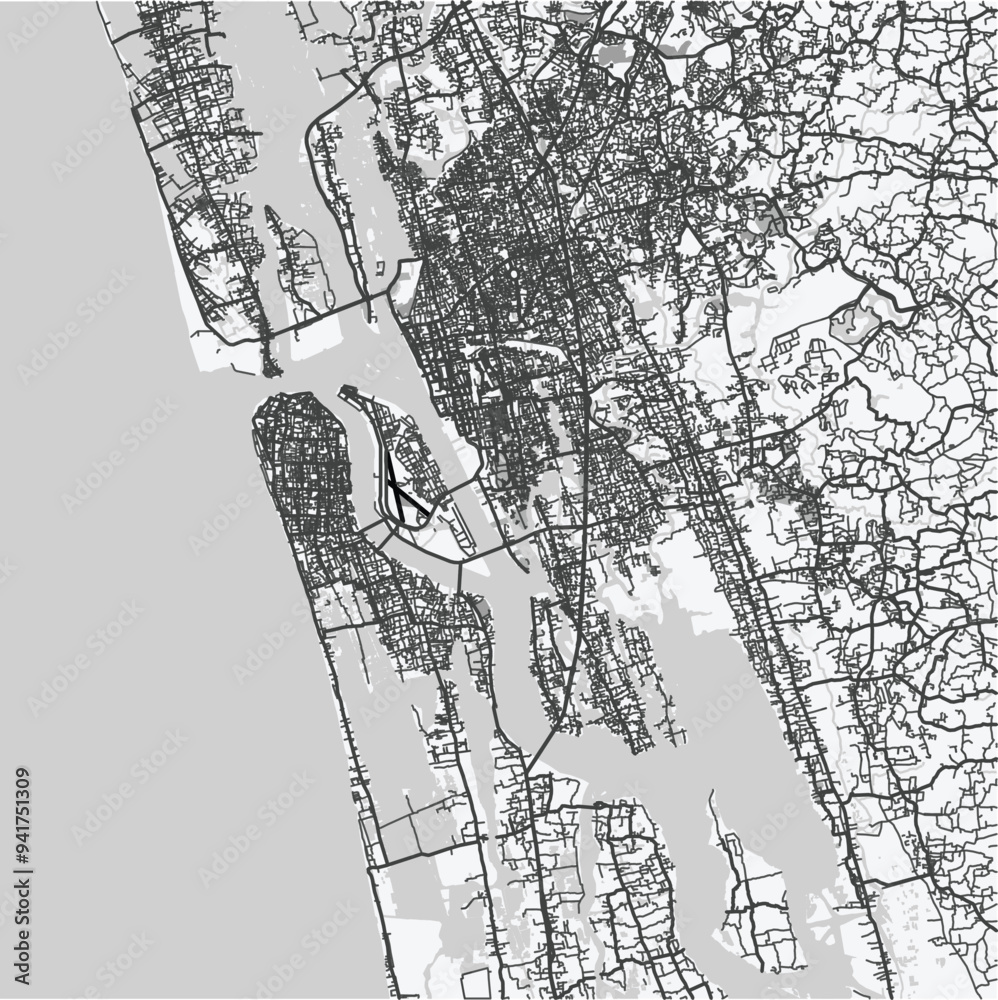 Map of Kochi (Cochin) in India in grayscale. Contains layered vector ...