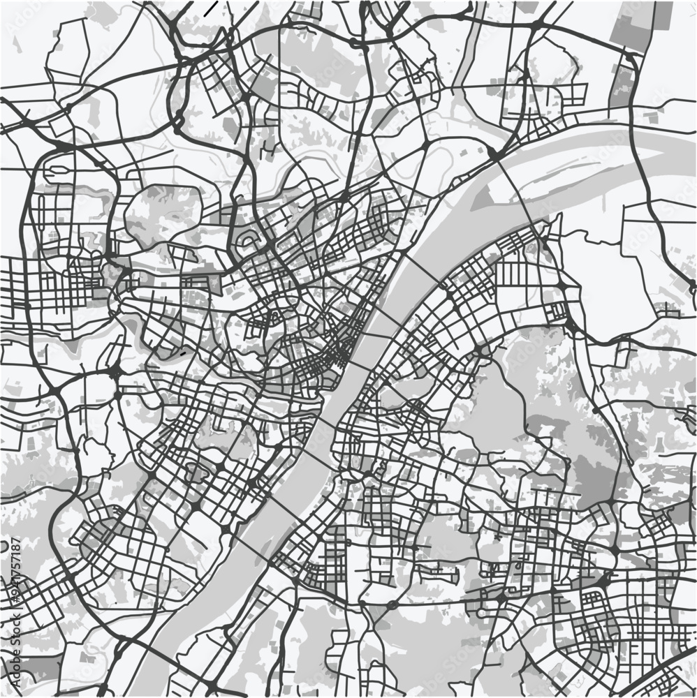 Map of Wuhan in China in grayscale. Contains layered vector with roads ...