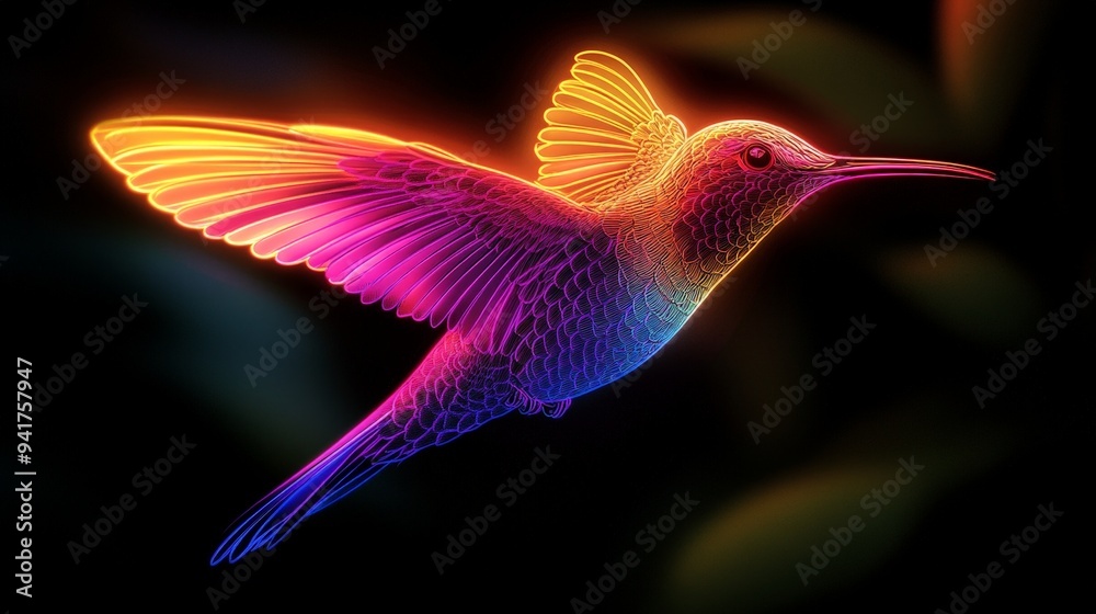 Neon Hummingbird in Flight A side view of a brightly colored ...
