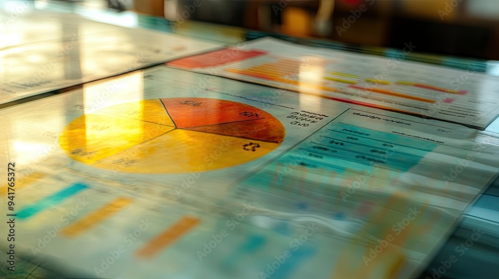 A macro shot of a business graph with a pie chart and bar graph ...