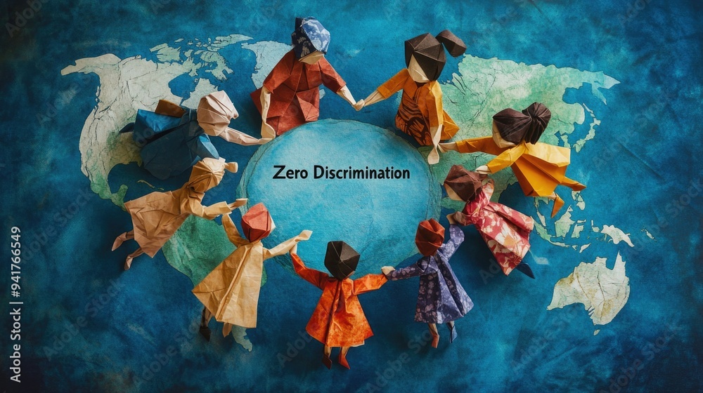 Paper people in different outfits hold hands around a globe on a blue ...