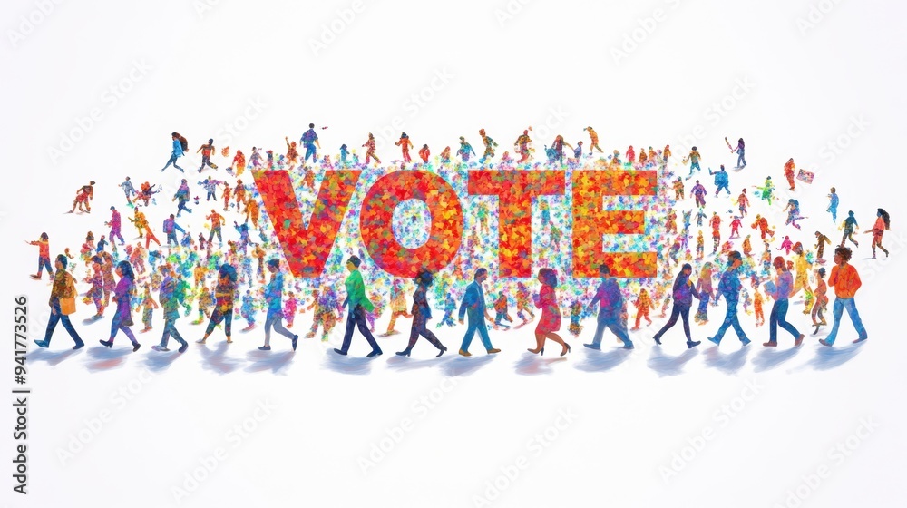 Large group of people walking and forming the word "vote", with a clean ...