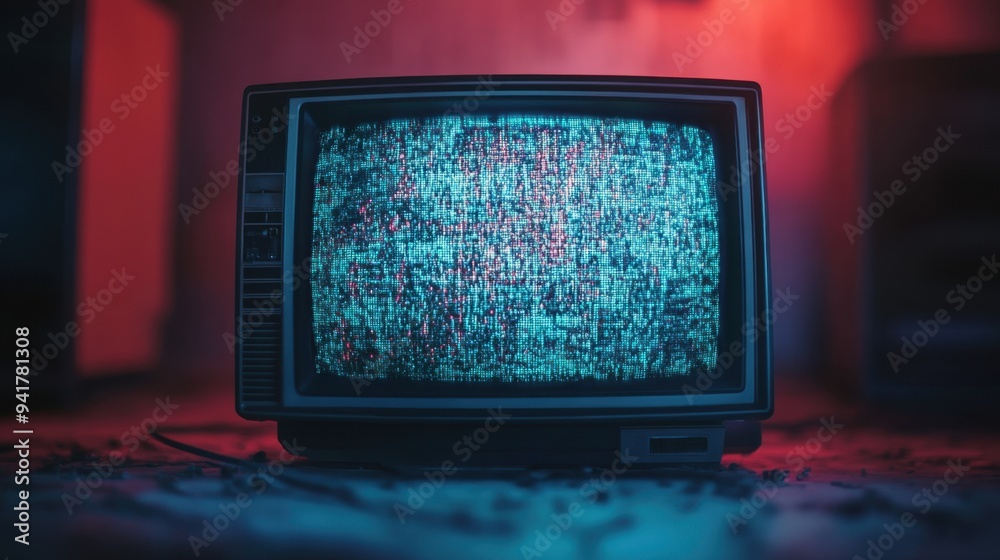 Grainy TV monitor with static noise, distorted colors, and visible ...