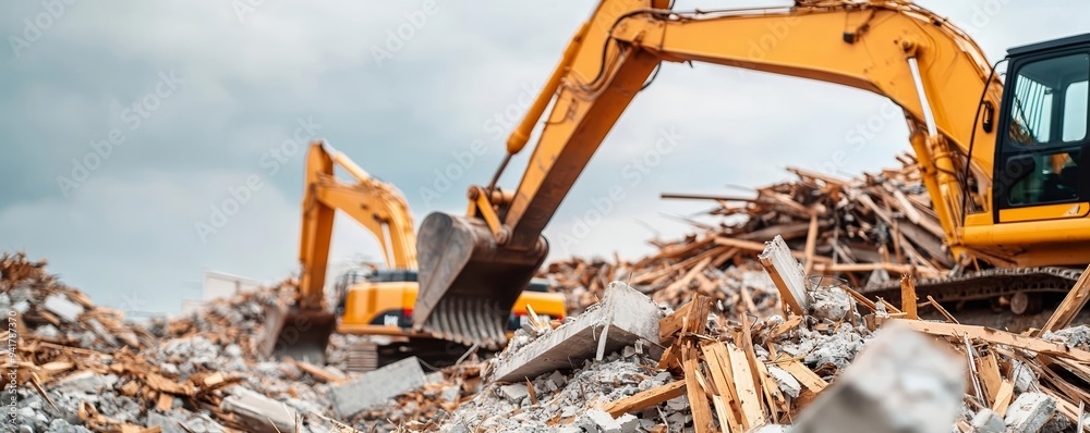 Construction site chaos with piles of debris, broken wood, and concrete ...