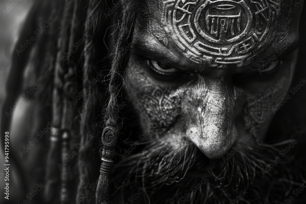 A figure adorned with intricate markings and dreadlocks stands in a ...