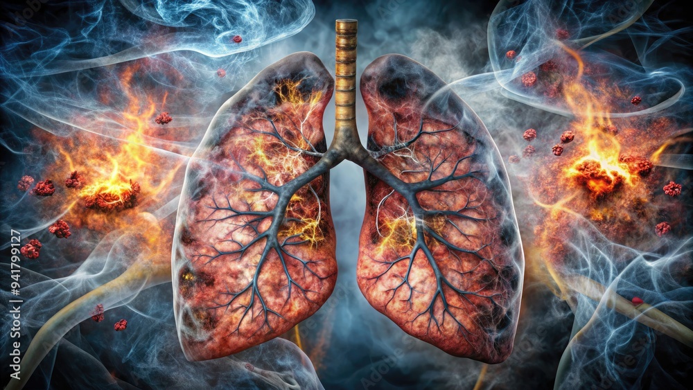 Macro image of a damaged human lung tissue with scarred, inflamed, and ...