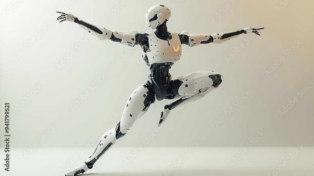 A full-body android robot standing in a ballet position with one leg ...