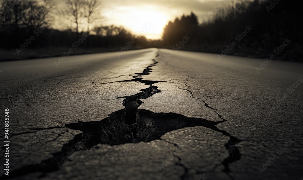 A road with a large crack in it. The crack is deep and wide, and it ...