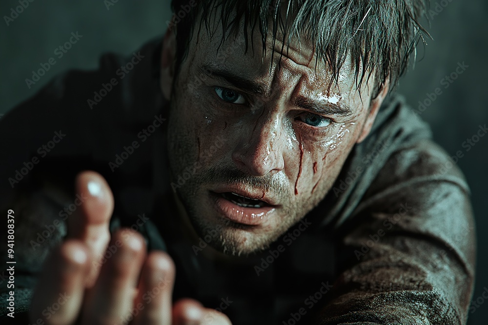 3D male character with a sorrowful expression, crying and reaching out ...