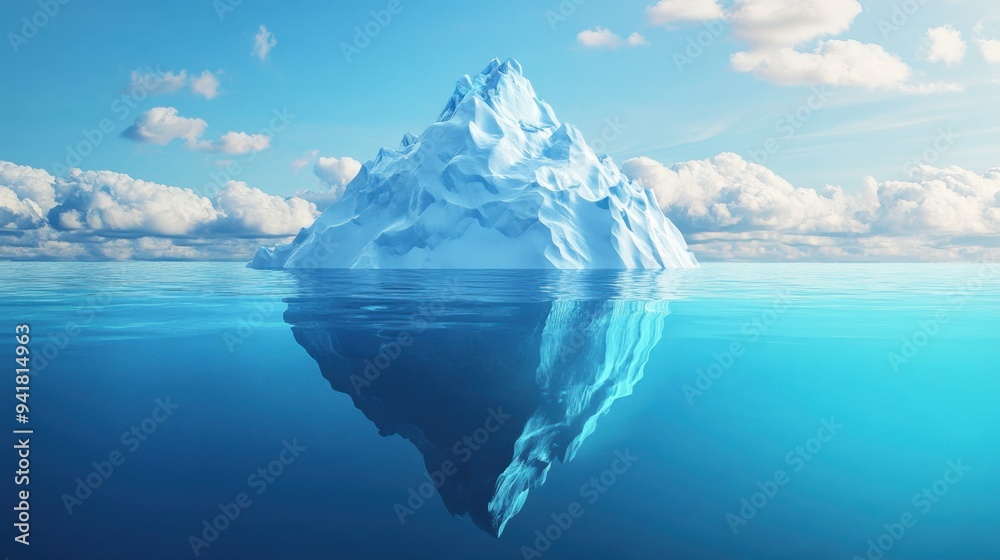 3D iceberg floating in the ocean, its tip above water and a massive ...