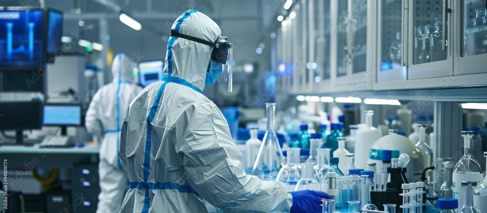 Researchers in a modern lab wear protective suits and use advanced ...