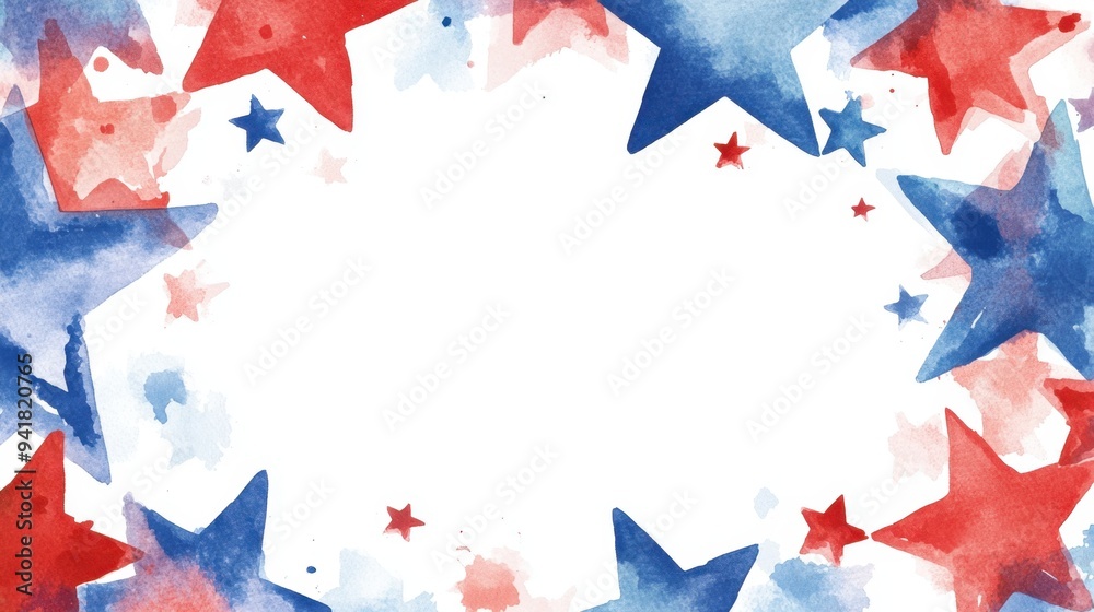 Patriotic red, white, and blue watercolor stars framing a blank center ...