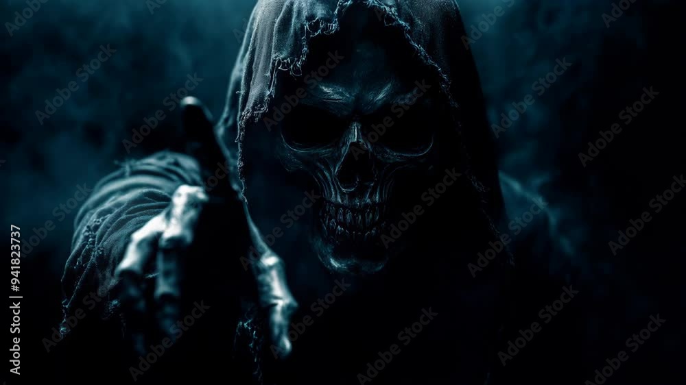 The grim reaper reaching towards the camera over black background Stock ...