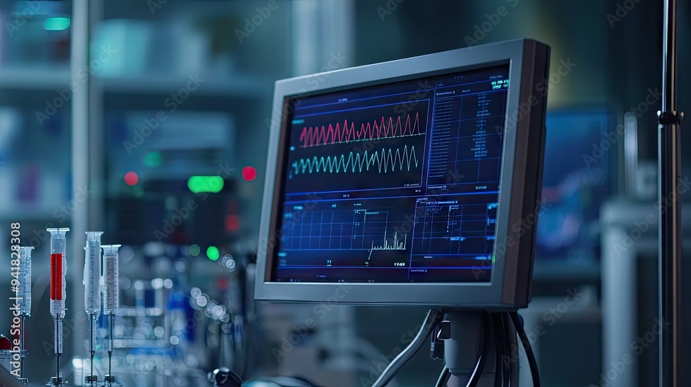 Close-up of a monitor displaying electrical signals and waveform data in a high-tech laboratory ...