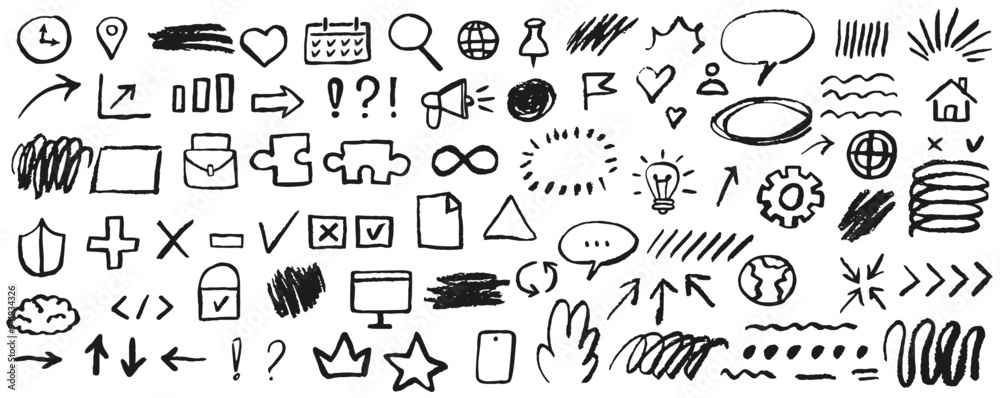 Chalk scribble doodle arrow, line elements set. Crayon arrow, underline ...