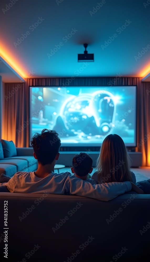A family enjoys an AI-powered holographic home theater system ...