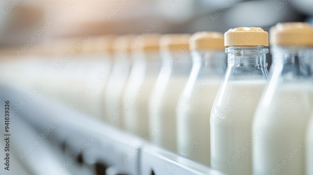 This image shows rows of fresh milk bottles lined up in a factory ...