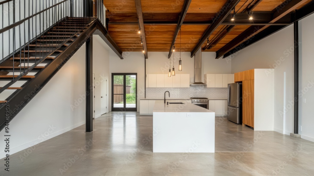 Loft with steel beams and an open kitchen, modern industrial, spacious ...