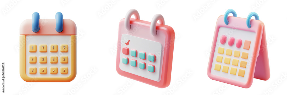 Set of A 3D icon of a calendar with a marked date isolated on ...