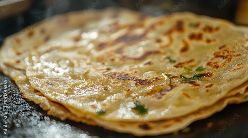 Close-up of freshly made roti on a hot griddle, with golden-brown ...
