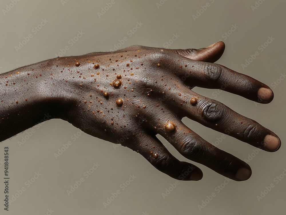 Early skin symptoms of monkeypox, raised bumps and pustules on the hand ...