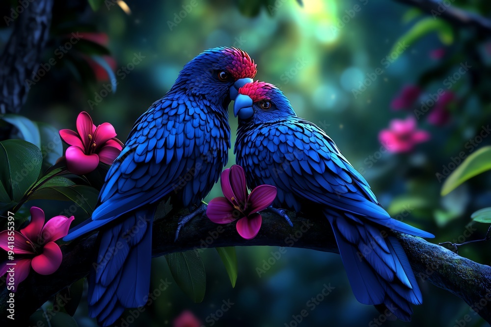 Beautiful birds in a mystical forest depicted in a fantasy-themed ...