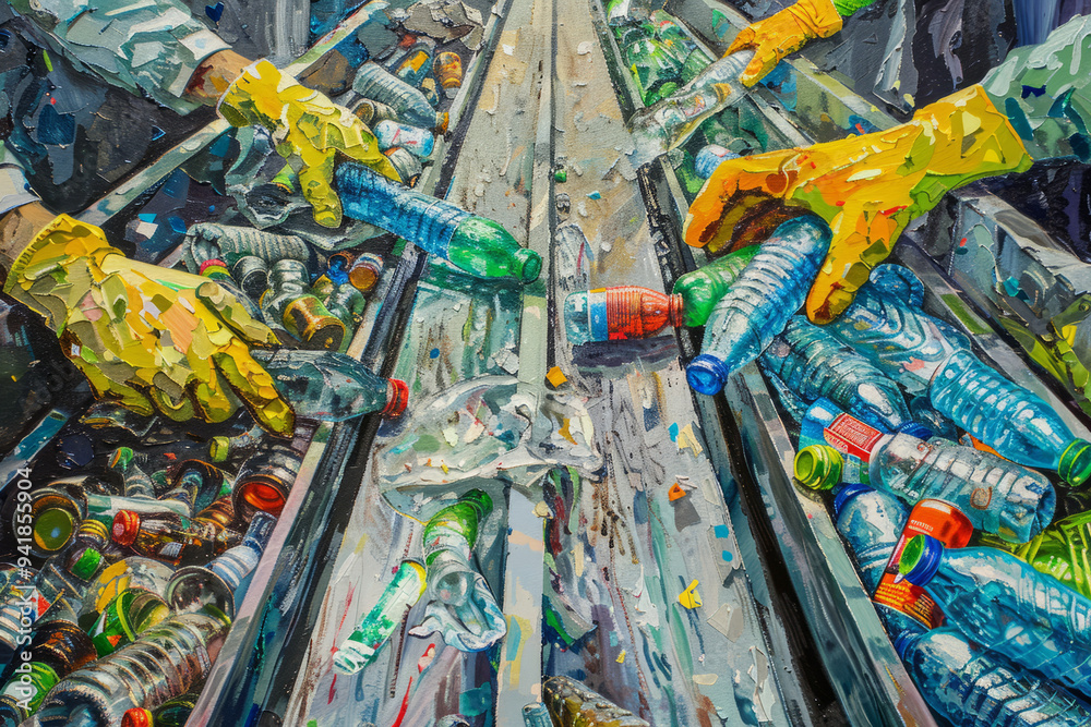 Huge hangar with Multiple employees' gloved hands are depicted in close ...