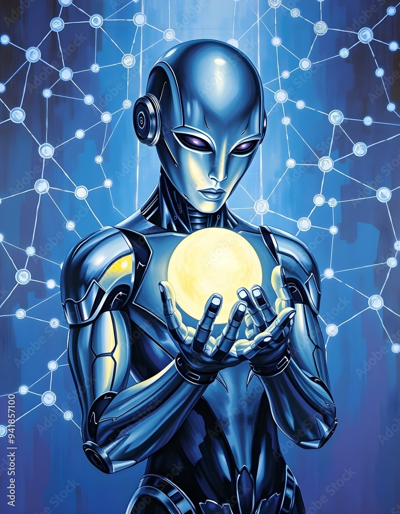 An abstract painting of a humanoid robot with shiny metallic surfaces ...