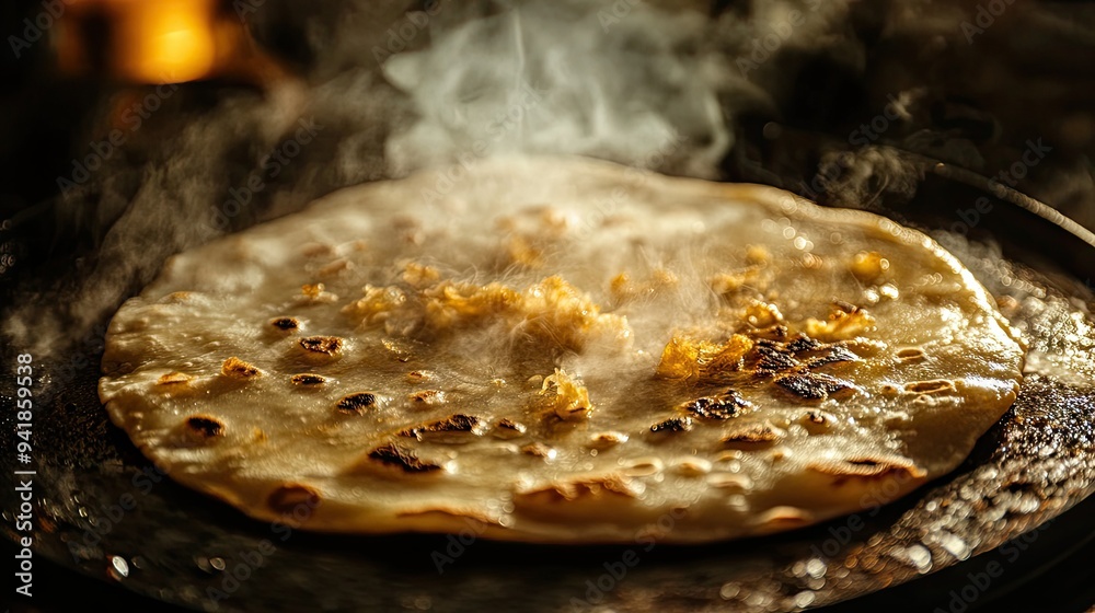 Detailed shot of a roti being cooked on a hot griddle, with golden ...